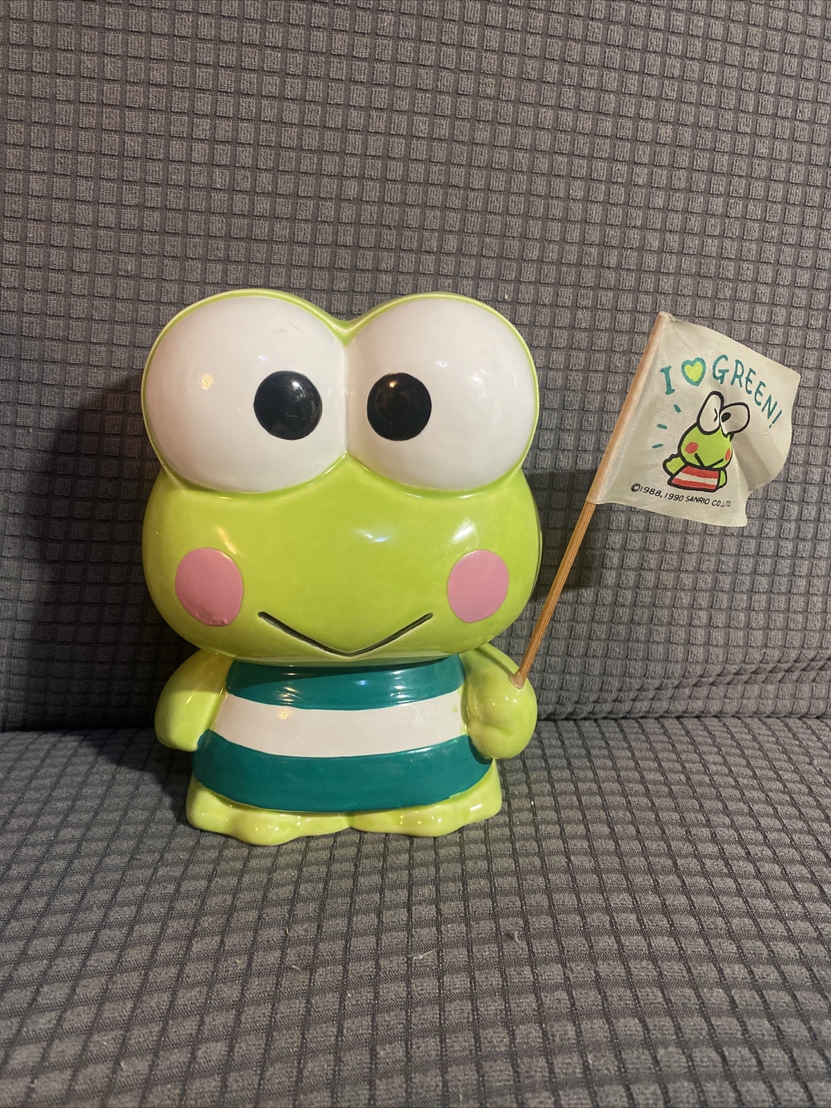 New Vintage Keroppi Frog With Flag Bank Ceramic Sanrio 1988 1990 Green ...