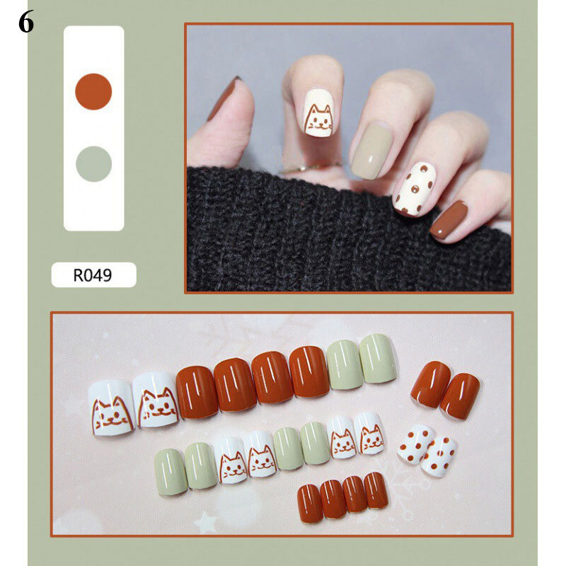 24pcs Fake Nails with Designs Press on Full Cover Artificial Short ...