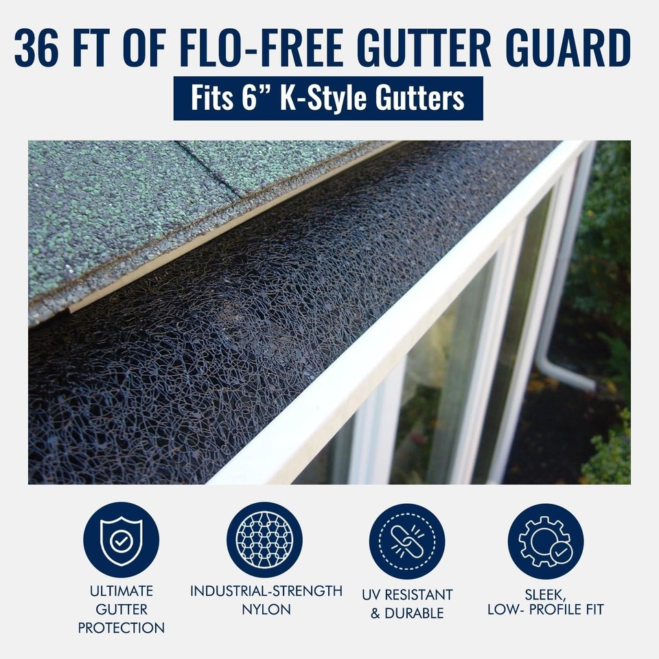 Flo-Free Leaf Guard- 36ft Premium Gutter Guard For 6K Gutters with ...