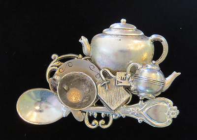 Tea Time Pin Brooch Oxidized Matte Silver Tea For Two Pot Kettle Spoon ...