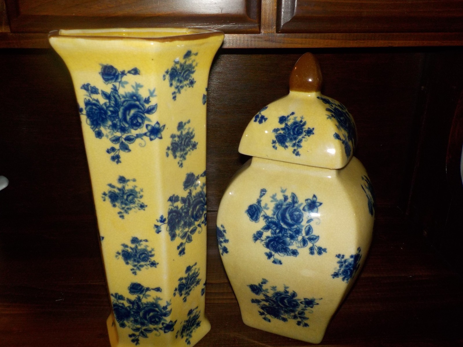 2 vintage formalities baun bros yellow & blue flowered vases crackle ...