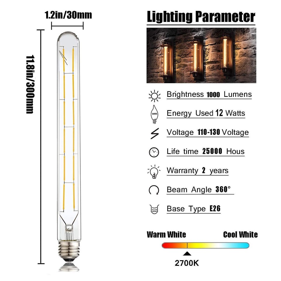 LED Tube Bulbs,T10 Tubular Edison Style LED Filament Bulb, 12W Dimmable ...