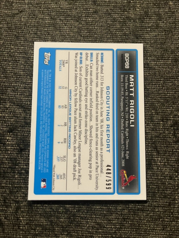 2009 Bowman Matt Rigoli Chrome Prospects Refractor 448/599 St. Louis ...