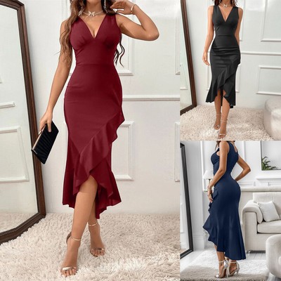 Women V Neck Sexy Bodycon Ladies Cocktail Evening Party Gown Fishtail ...