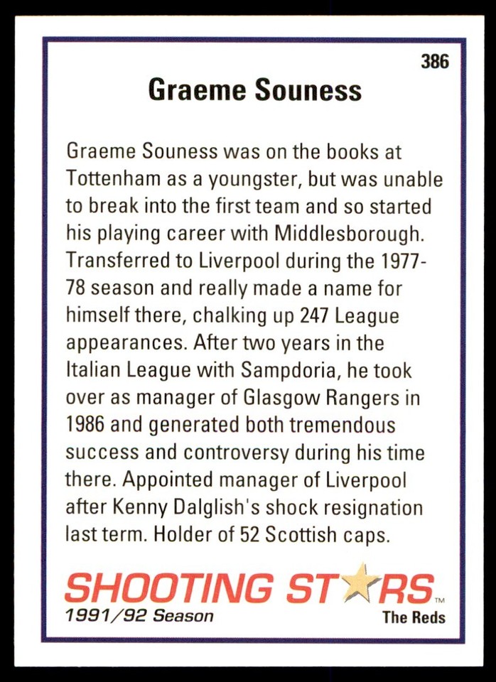 Merlin Shooting Stars (1991-1992) Souness Graeme Liverpool Manager No ...