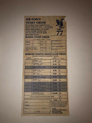 1977 Air Force Football Ticket Order Form Season Tickets Single Game ...