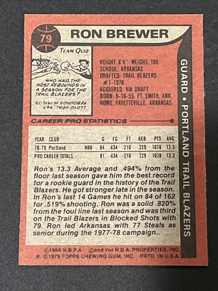 RON BREWER ROOKIE 1979-80 TOPPS #79 TRAILBLAZERS NBA BASKETBALL SET ...