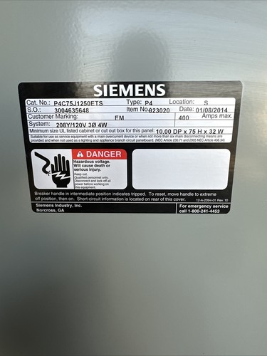Siemens 400 Amp 208/120 3 Phase Breaker Panel MDP W/ Breakers 42 ...