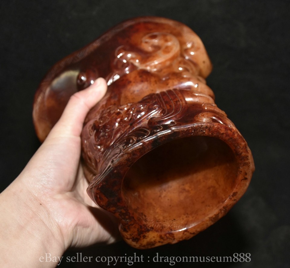 8.4" Chinese Natural Xiu Jade Carved Dynasty People Beast Wine vessel ...