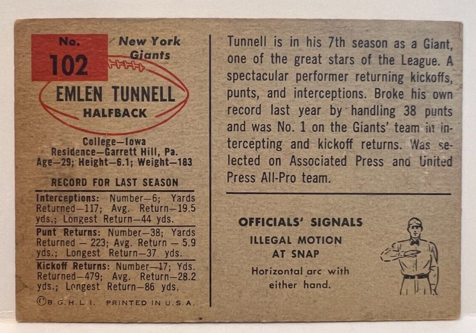 1954 Bowman #102 Emlen Tunnell | eBay