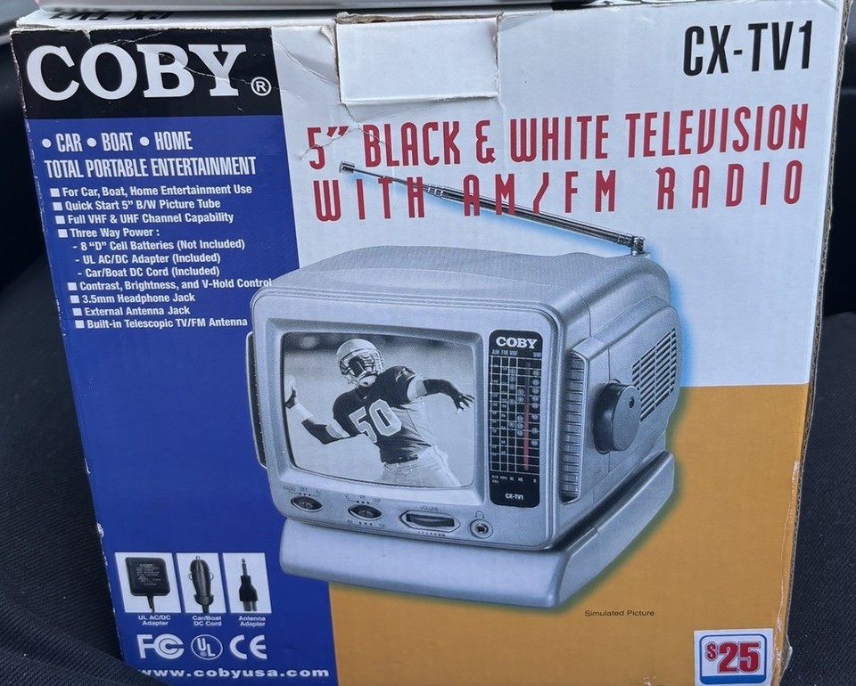 Coby CX-TV1 5" Black and White Television with AM FM Portable w/ Cords ...