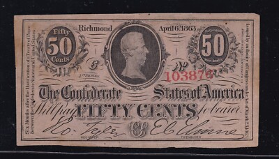 US 1863 50c CSA T-63 Confederate State Bank Note VF-XF (876) | eBay