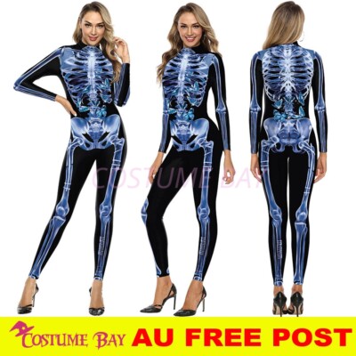 Womens Skeleton Bone Jumpsuit Fancy Dress Halloween Bodysuit Cosplay ...