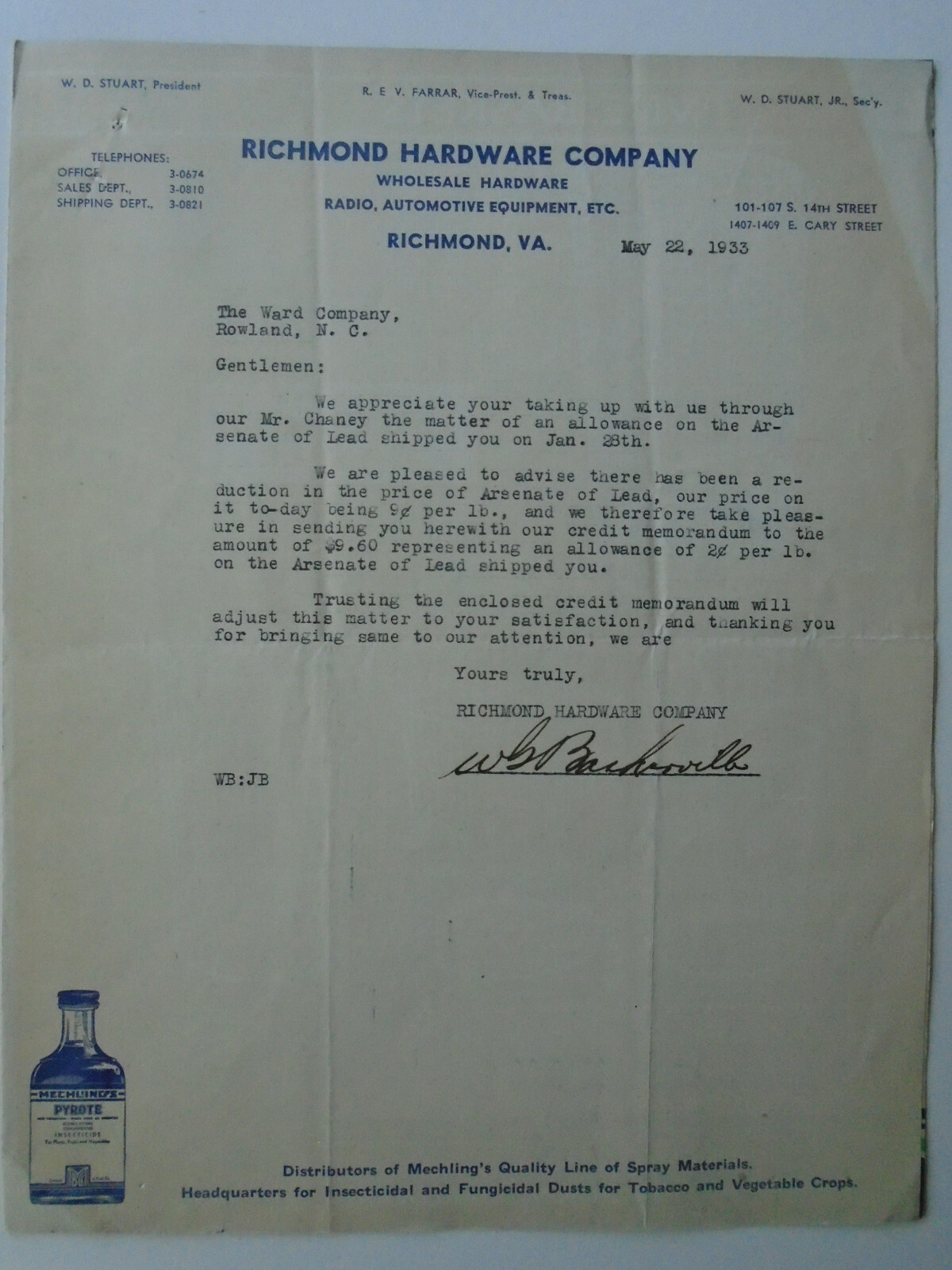 Letterhead Richmond HARDWARE COMPANY Letter with two page Ad. in color ...