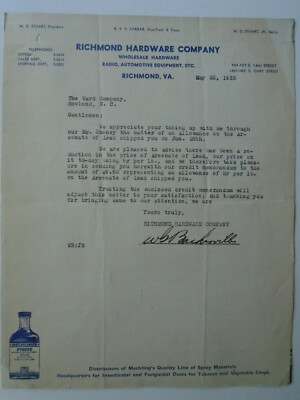 Letterhead Richmond HARDWARE COMPANY Letter with two page Ad. in color ...