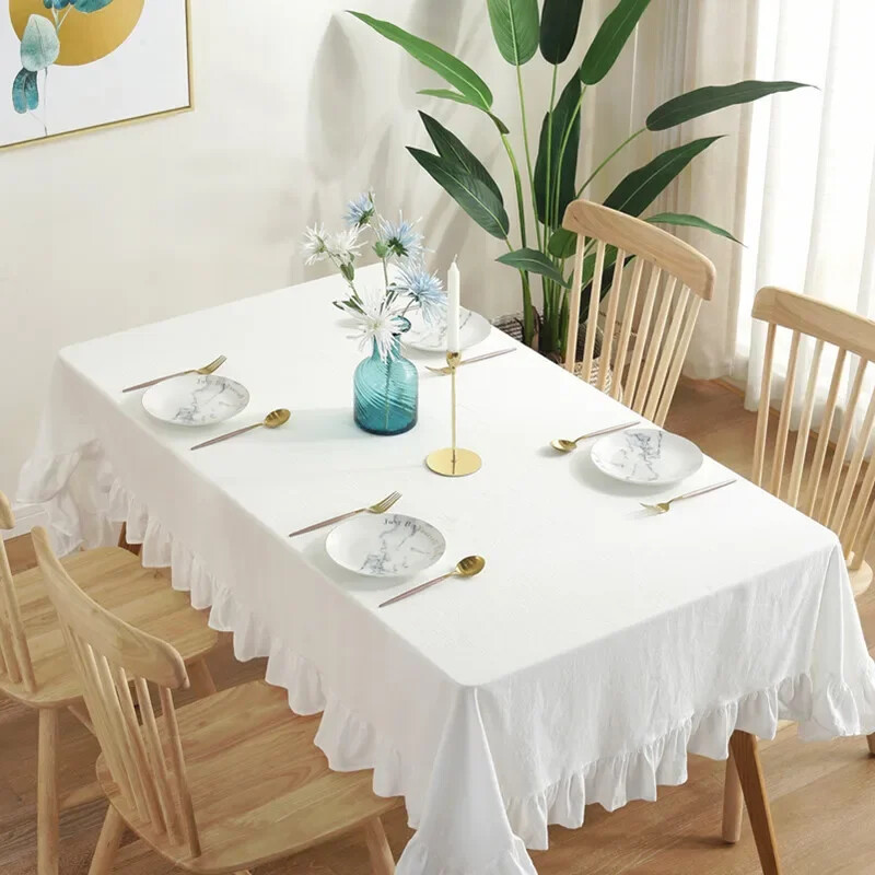 White Rectangular Tablecloth with Ruffles Plain Tablecloth Dining Table ...