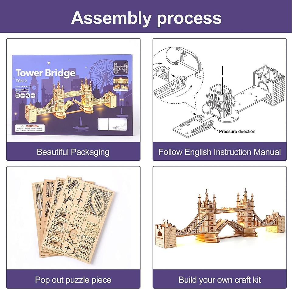 Rolife 3D Wooden Puzzle LED Tower Bridge Building Model Kit Decor for ...