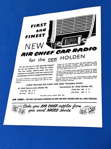 FE HOLDEN NASCO AIR CHIEF CAR RADIOS ADVERTISEMENT 1956 SPECIAL ...