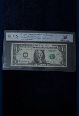 Federal Reserve Note Solid 7's L Series $1, Serial Number L77777777 ...
