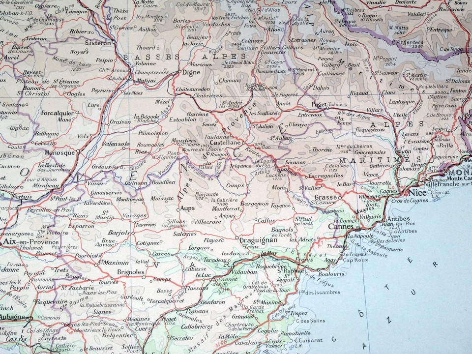 1955 VINTAGE MAP OF SOUTHEASTERN FRANCE LYON MARSEILLE ALPS / SCALE 1: ...