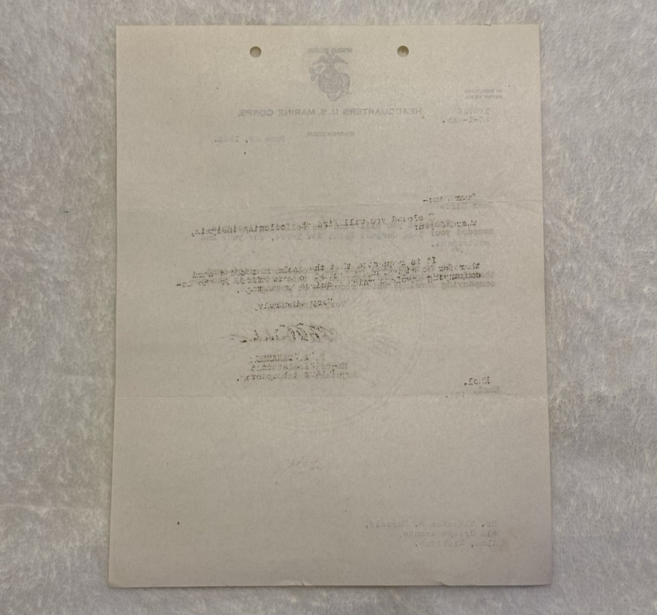 WWII 1942 USMC Letter Awarding Good Conduct Medal Named Marine Corps ...