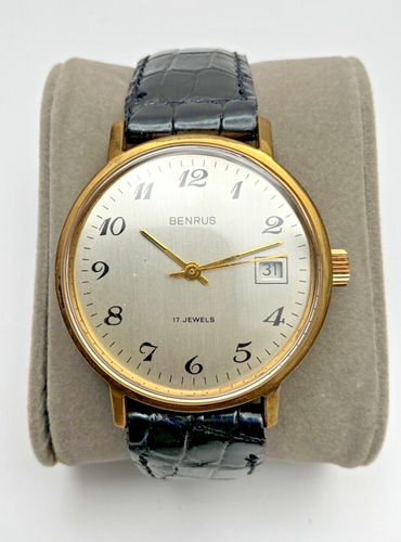 JN05. Benrus Wind Up 17 Jewels Gold Tone & Black Leather Band Wrist ...