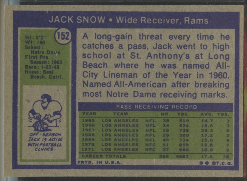 1972 Topps #152 Jack Snow Los Angeles Rams | eBay