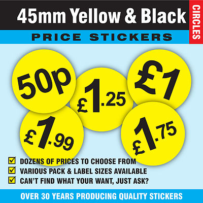 Large 45mm Yellow & Black Price Point Stickers Sticky Labels -99p £1 £2 ...