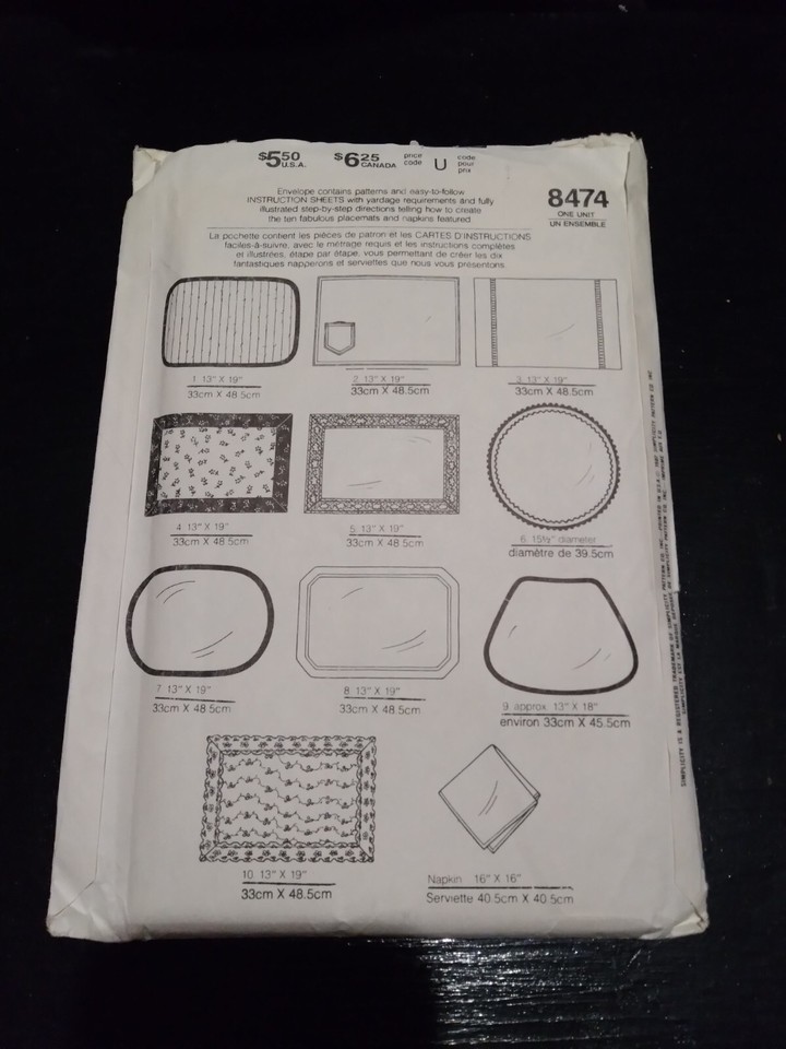 SIMPLICITY SEWING PATTERN 8474 10 PLACEMATS UNCUT 1987 39363035732| eBay