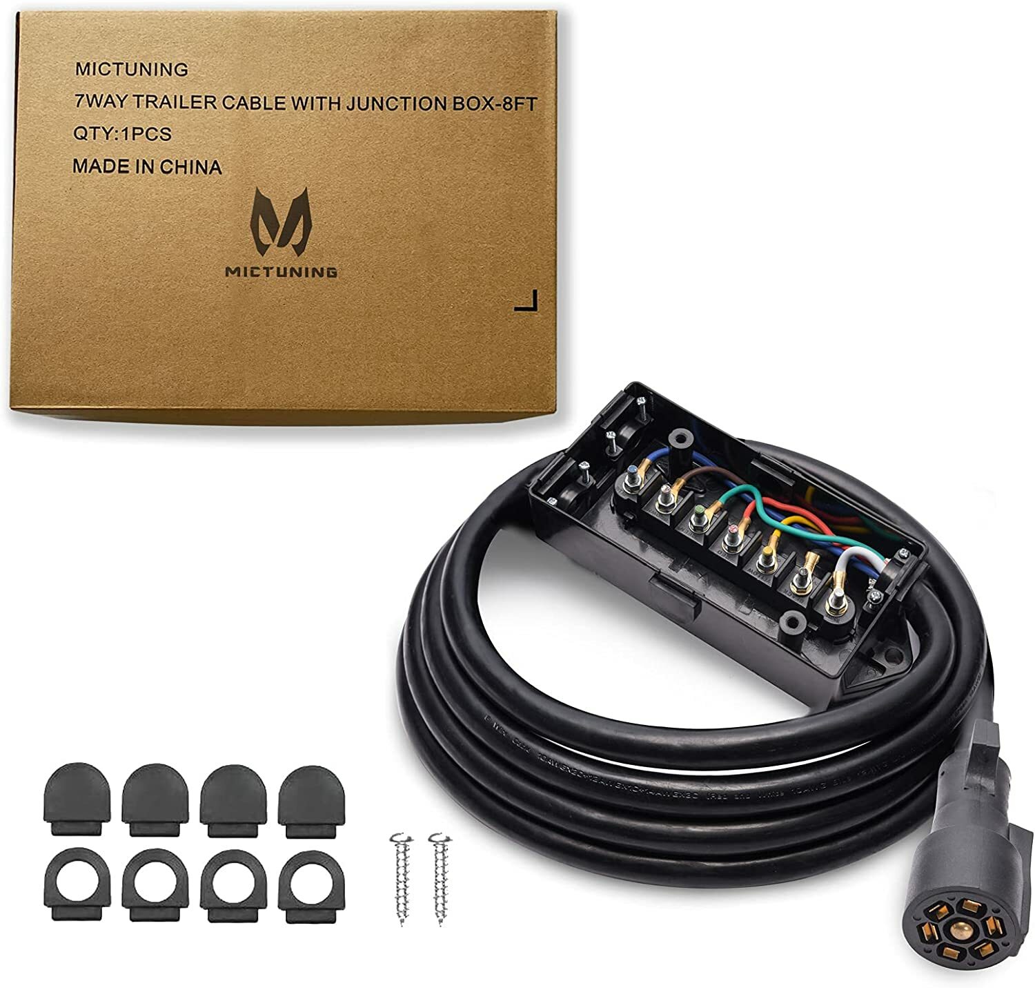 MICTUNING 8ft Trailer Cord 7 Way Plug Inline Junction Box 7-Pole Wiring ...