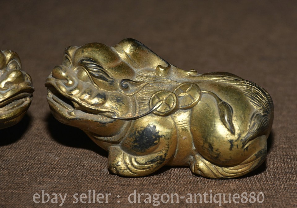 3.8" ancient Chinese copper Gilt Fengshui Pi Xiu auspicious beast ...