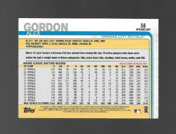2019 Topps Opening Day Alex Gordon Card #58 Kansas City Royals NM/MT | eBay