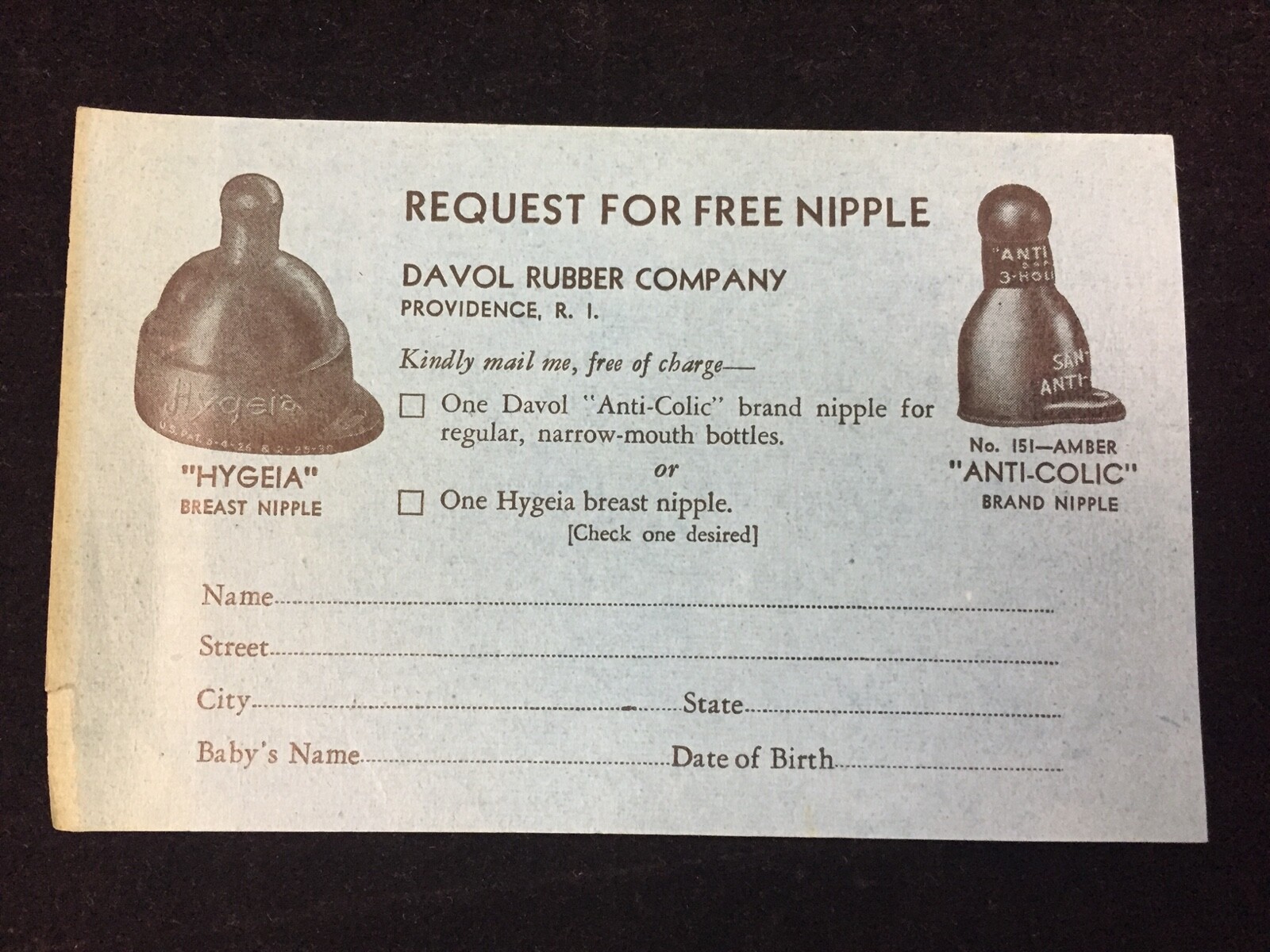 1940 DAVOL RUBBER COMPANY, FREE BABY BOTTLE FEEDING NIPPLES OFFER ...