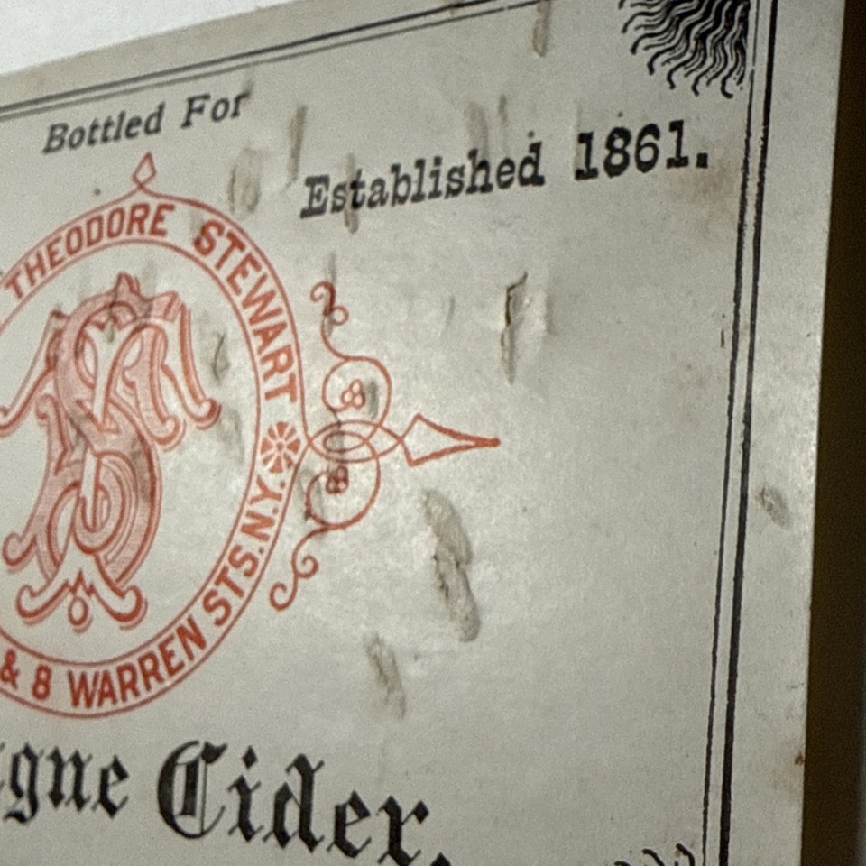 Antique Champagne Cider Label Theodore Stewart John Warren NY Vtg Est ...