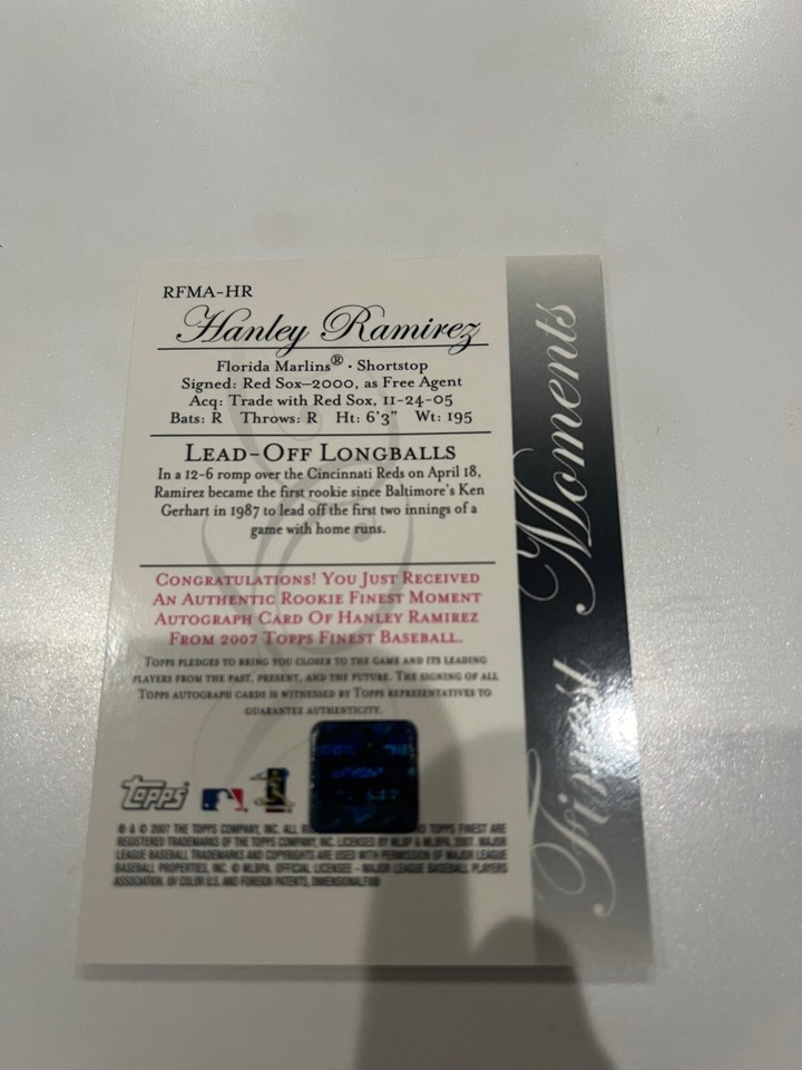 2007 Topps Finest Hanley Ramirez Rookie Finest Moments Auto Autograph # ...