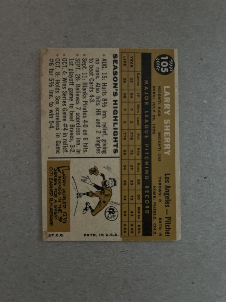 1960 Topps Baseball Larry Sherry Los Angeles Dodgers Rookie Card #105 ...