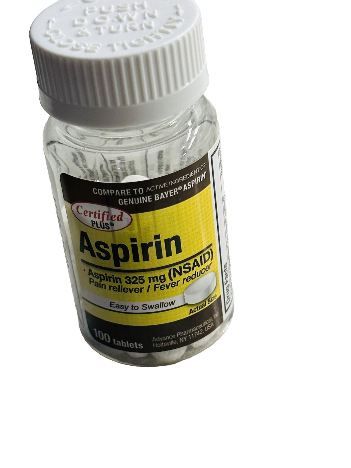 Certified Plus Aspirin 325 mg, 100 Tablets-Easy To Swallow-Brand New ...