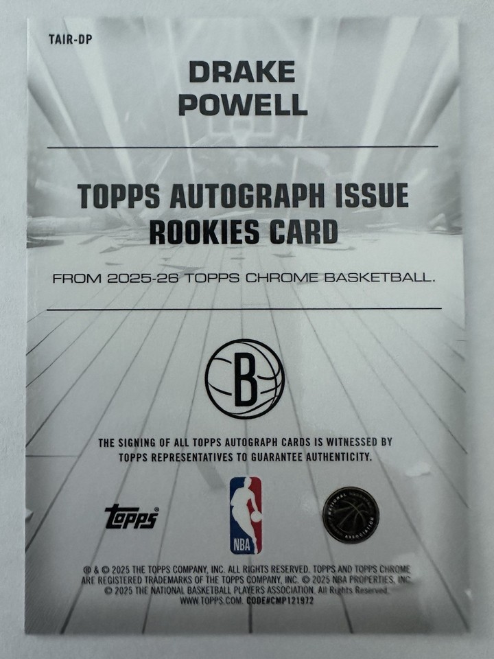 2025 Topps Chrome Basketball Drake Powell Autograph Issue Rookies Card ...