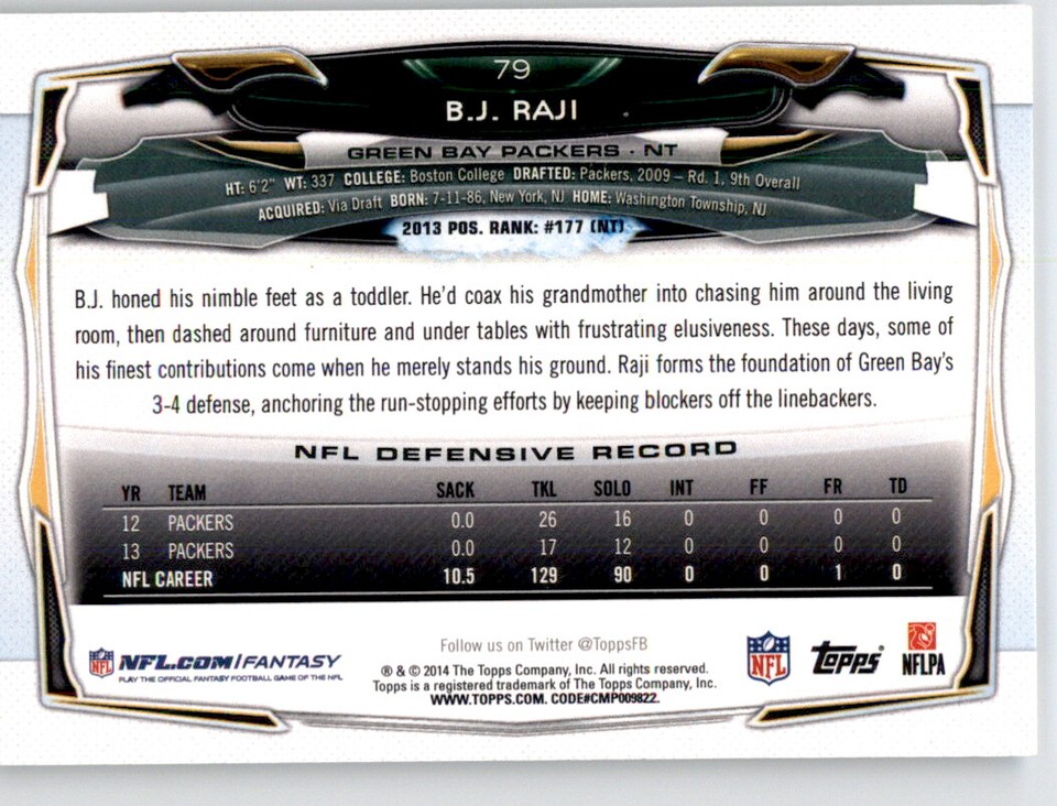2014 Topps BJ Raji NFL PWE Base Card Packers #79 | eBay