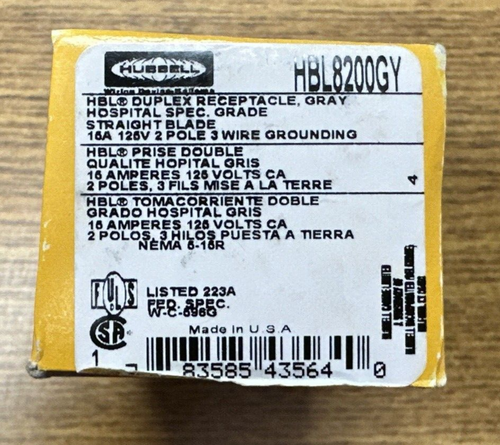 HUBBELL HBL8200GY 15A 125V 2P 3W GROUNDING HOSPITAL GRADE GRAY *NEW IN ...