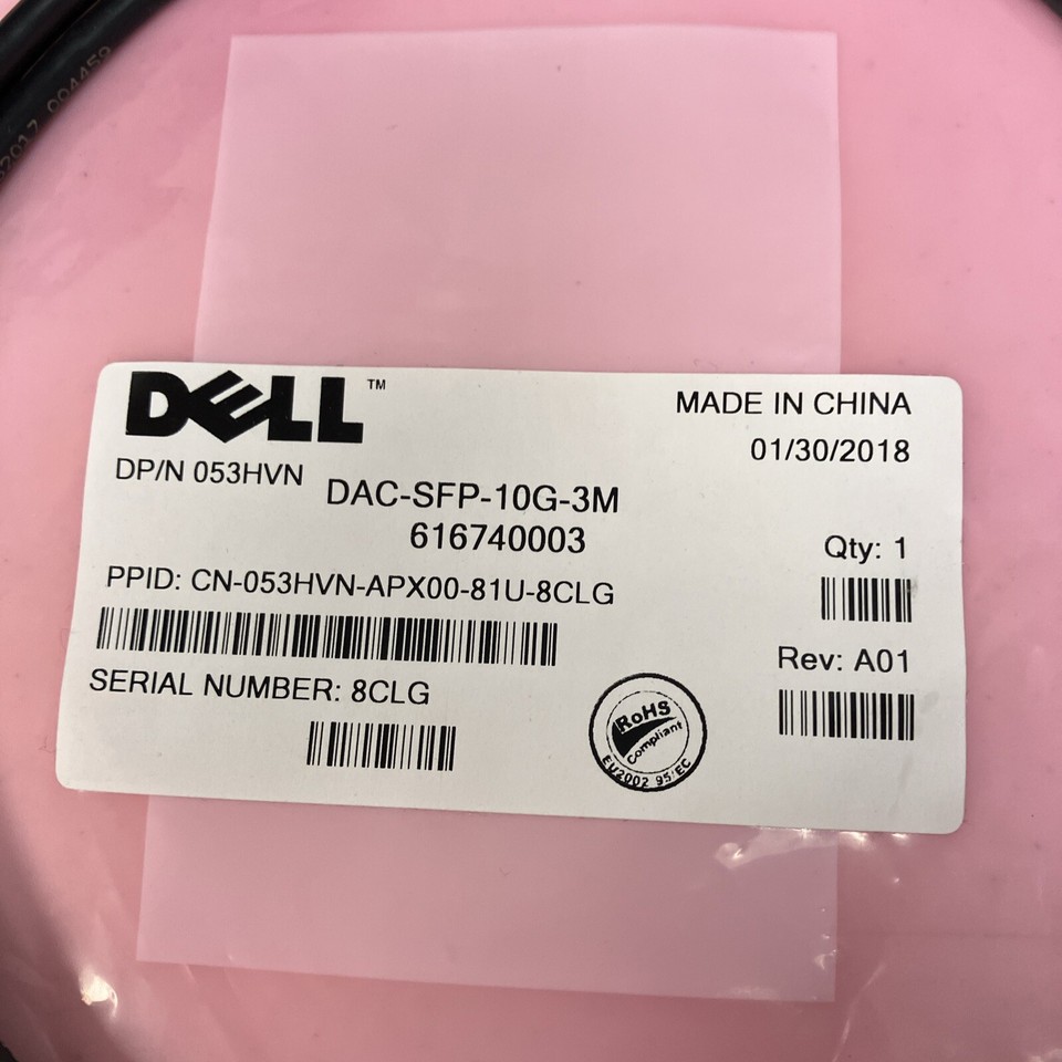 Dell DAC-SFP-10G-3M 616740003 10Gb SFP+ Twinax Cable DAC 053HVN 8CLG ...