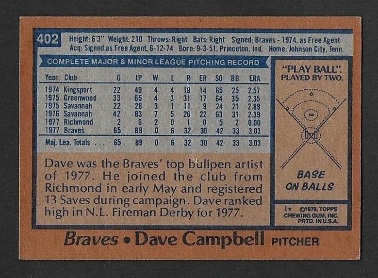 1978 Topps #402 Dave Campbell, Atlanta Braves, Rookie RC, EXMT-NRMT | eBay