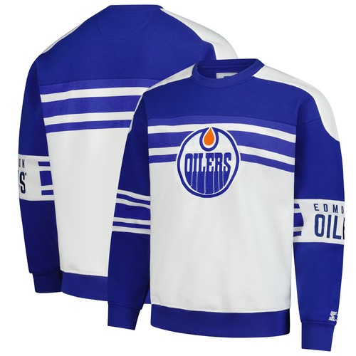 Men's-Starter White Edmonton Oilers Defense Fleece Crewneck Pullover ...
