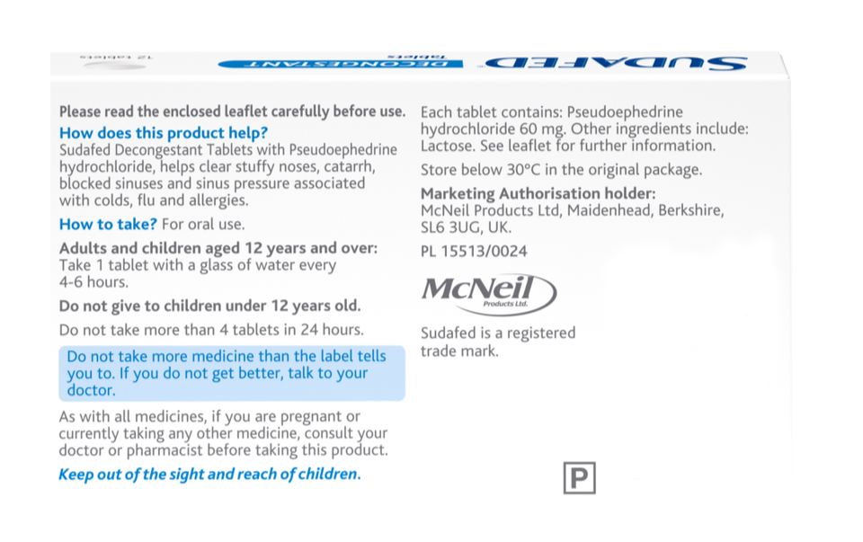 Sudafed Decongestant Tablets 12 - Treats Blocked/Stuffy Nose - Non ...