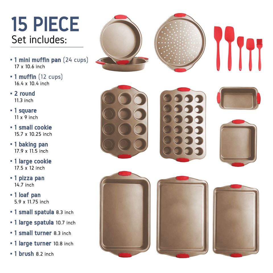 15 Pc Bakeware Set Nonstick Carbon Steel Oven Safe Silicone Handles ...