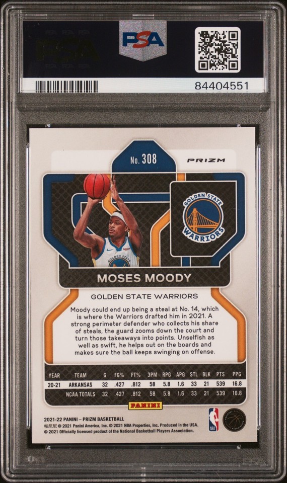 Moses Moody 2021-22 Panini Prizm RC #308 Ruby Wave Prizm PSA 9 Mint POP ...