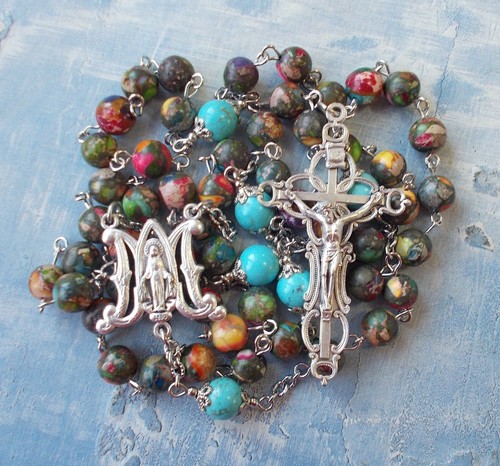 GORGEOUS Multi-color Variscite/Jasper Gemstone & Turquoise Rosary ...