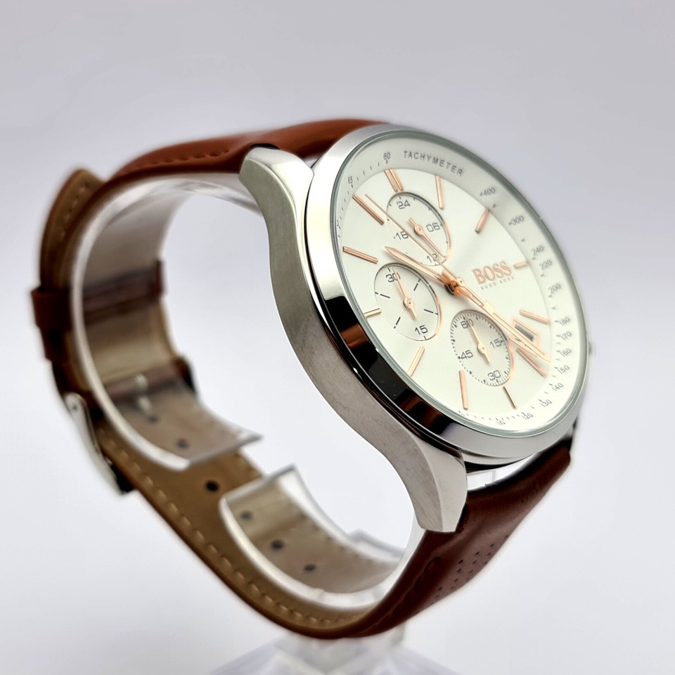 NEW GENUINE HUGO BOSS 1513475 GRAND PRIX BROWN LEATHER STRAP MENS WATCH ...