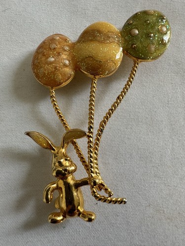 ASO Vintage Enamel Bunny Rabbit with Balloon Eggs Gold Tone Brooch PIN ...