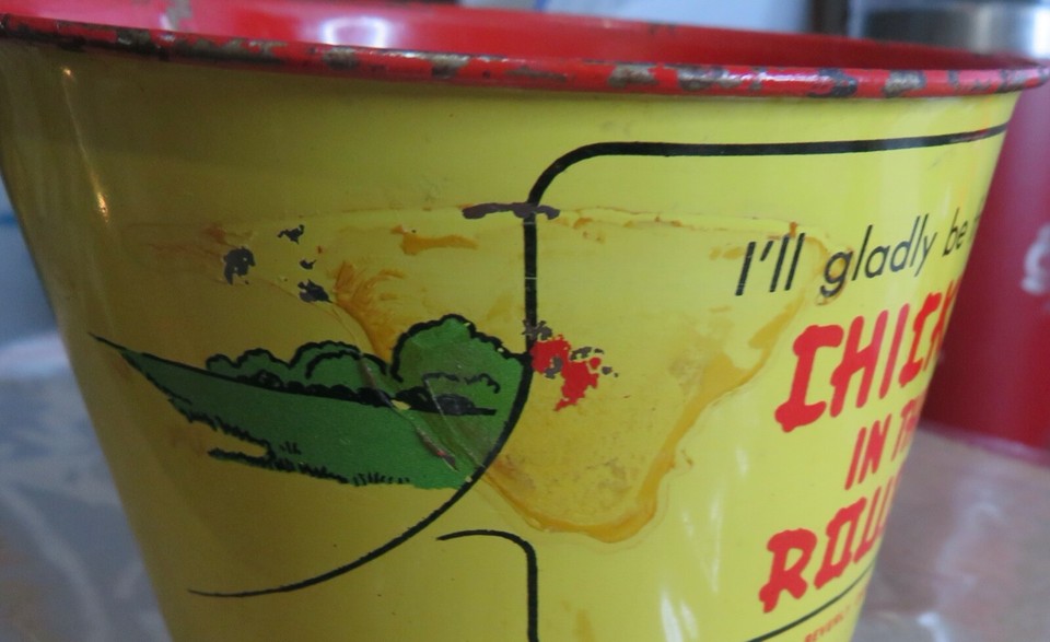 Vintage Chicken In The Rough restaurant tin bucket 1940s rooster ...
